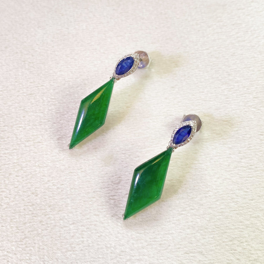 Natural Intense Green Jade Drop Earrings - 18K White Gold Diamonds Sap ...