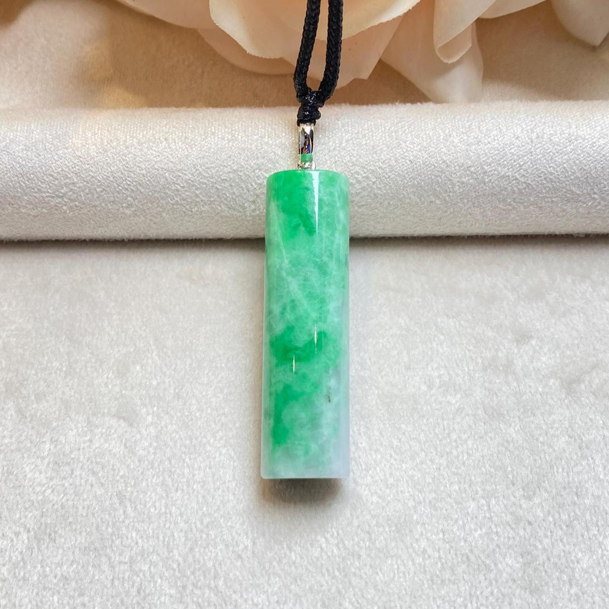 Genuine Green Jade Rod Pendant 18k White Gold Bail – Natural Untreated ...