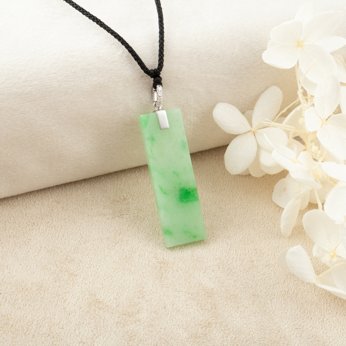 Green Jade Rectangular Pendant 18k White Gold Bail and Diamonds Grade ...